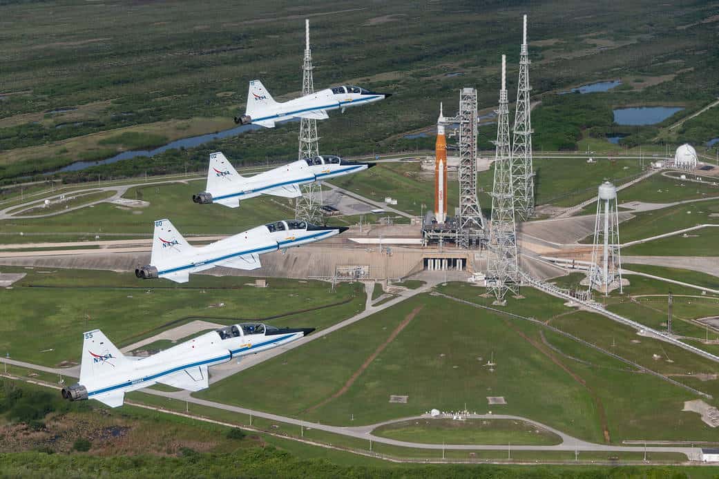 Watch: NASA T-38 trainer jets fly in formation above SLS megarocket ...