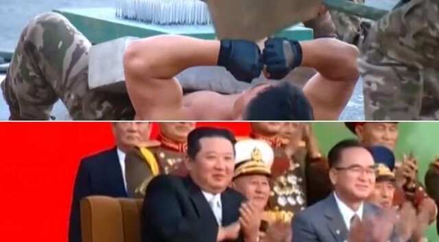 Kim Jong Un spotted smiling and clapping as soldiers lie on bed of ...
