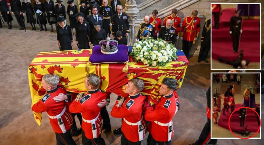 Dramatic scenes as guard next to Queen Elizabeth II's coffin faints ...