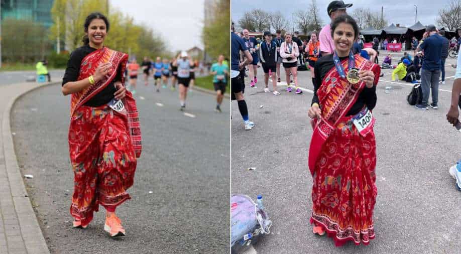Madhusmita Jena Das Uk Based Indian Woman From Odisha Completes Marathon In Saree Pics Go