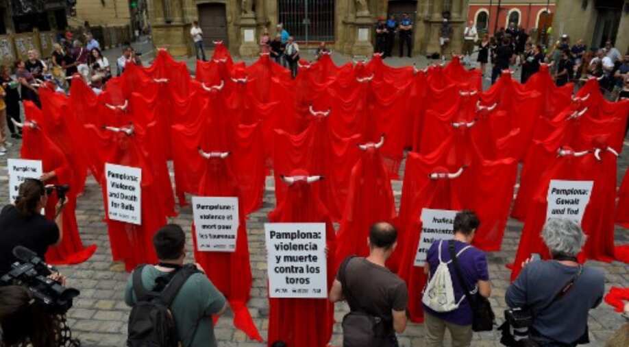 Pro-animal rights activists protest against bullfighting in Spain ...