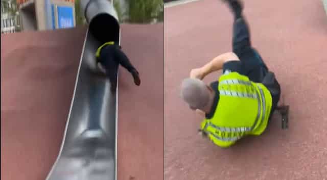 Watch: Boston cop takes wild ride down long metal slide, becomes ...